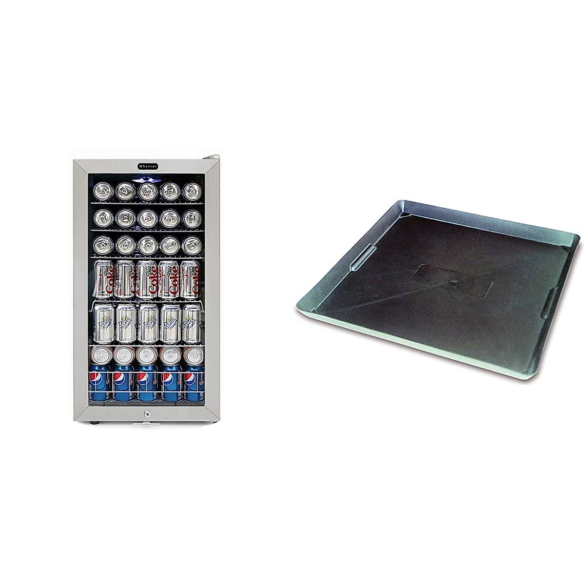 Whynter BR-128WS Beverage Refrigerator With Glass Door and Lock, Stainless Steel, 120 12-Oz. Can Capacity, 17 X 19 X 33 & WirthCo 40092 Drip Tray - Black - (22" X 22" X 1.5")
