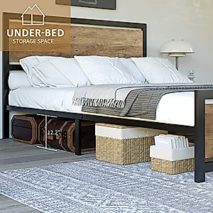 AMERLIFE Full Size Bed Frame with Wooden Headboard, Full Platform Bed Frame with Industrial Footboard/Heavy Duty Steel/Strong 4 U-Shaped Support Frames/Rustic Style/Easy Assembly/Light Brown