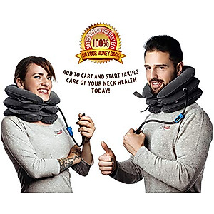 Pinched Nerve Neck Stretcher Cervical Traction Device for Home Pain Treatment | Inflatable Spinal Decompression Collar Unit Muscle Strain Injury Relief | Herniated Disc Problems Remedy Kit (Gray)