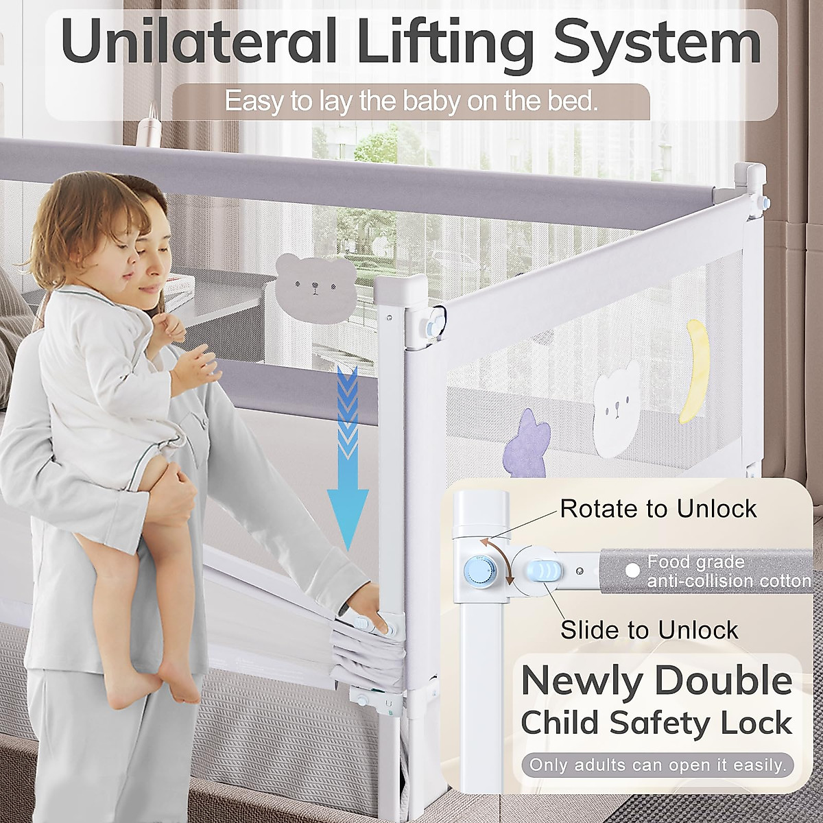 omzer Bed Rail for Toddlers - Baby Bed Guard Rail with Double Child Lock, Safety Bedrail for Children Kids with Pattern, Infants Height Adjustment Guardrail for Full Queen King Size - 1 Pack, 74.8”