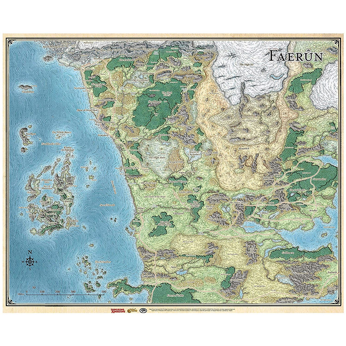 Gale Force Nine Dungeons & Dragons Sword Coast Adventuer's Guide Faerun Map, Multi-Colored