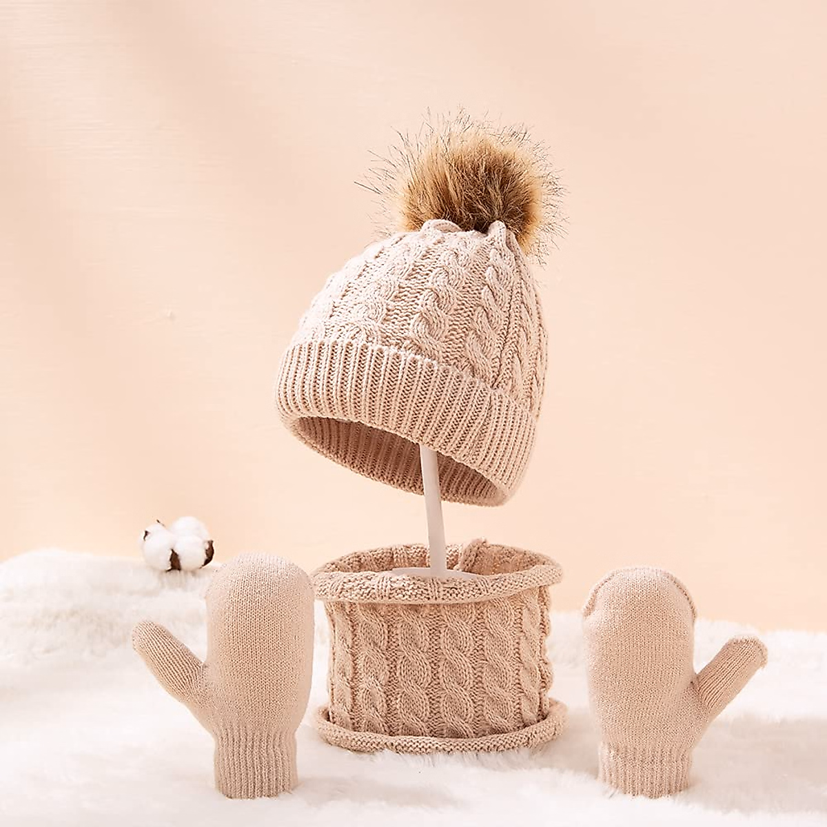 3Pcs Baby Beanie Hat Scarf Gloves Set Infant Knitted Cap Winter Warm Gloves Toddler Neck Warmer for Boys Girls 0-3 Years (Khaki)