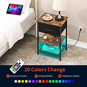 LAKEMID Nightstands Set of 2 with Charging Station and Drawer, End Table Side Table with 20 Colors LED Light Strip and 2 Layers Shelf for Bedroom Living Room Sofa (Rustic Brown)