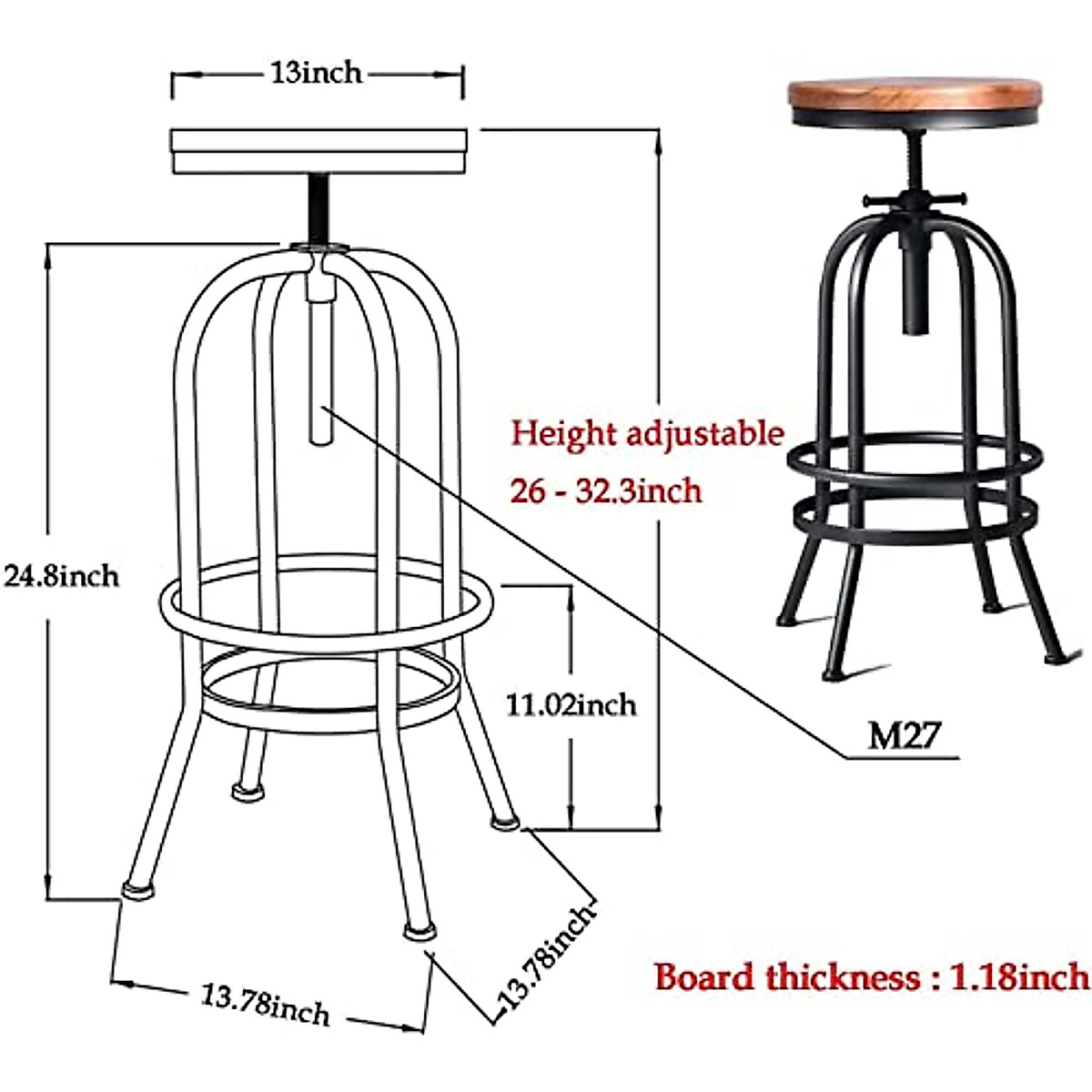 Diwhy 5 Piece Bar Table and Barstool Set Industrial Rectangular Pipe Dining Pub Bar Table Black and Kitchen Counter Height Adjustable Wooden Seat Stool Black(1 Table + 4 Chairs)