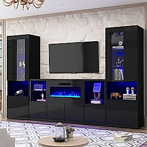 Amerlife 68" TV Stand with 40" Electric Fireplace, Modern High Gloss Media Entertainment Center with LED Lights for TVs up to 78", TV Console Cabinet with Glass Shelves Lower Storage, Black