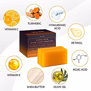 VALITIC Kojic Acid Dark Spot Remover Soap Bars with Vitamin C, Retinol, Collagen, Turmeric - Original Japanese Complex Infused with Hyaluronic Acid, Vitamin E, Shea Butter, Castile Olive Oil (2 Pack)