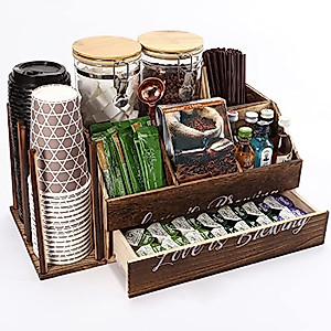 Coffee Station Organizer - Wooden Coffee Bar Organizer for Countertop Office Coffee Organizer Station with Drawer Farmhouse Coffee Bar Decor for Coffee Capsule Pod, Sugar, Cups, Tea Bag (Burnt Wood)