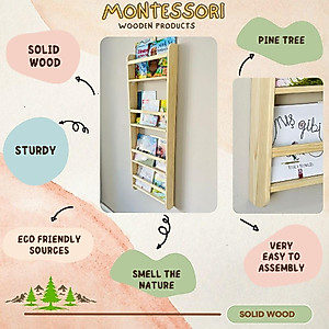 Furpinea Handmade Natural Wood 4 Tier Montessori Wall Mounted Kids Wide Book Shelf for Nursery (Narrow 13" Width, Natural)