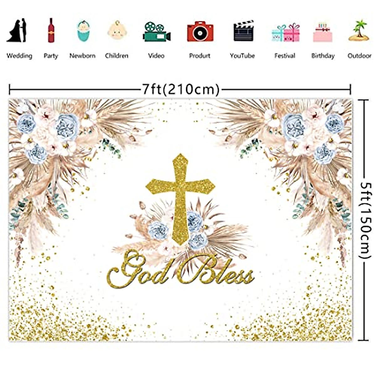 Wollmix 1st First Communion Baptism Decorations Backdrop 7x5ft God Bless Holy Communion Banner Christening Gold Dots Boho Florals Photography Background Baby Shower Banner Photo Booth Props