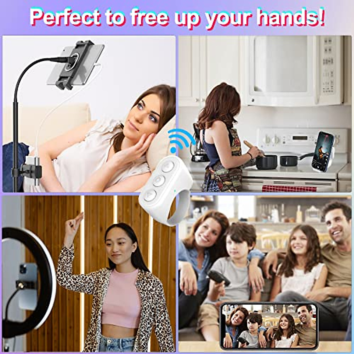 Upgrade TIK Tok Bluetooth Remote Control Page Turner, TUZTUALA 3 in 1 Function Video Scrolling Ring and Camera Shutter Remote and Phone Holder, Compatible with iPhone iPad Android Cell Phone-White