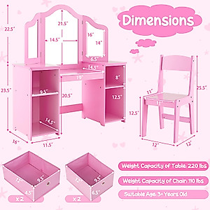 Costzon Kids Vanity, 2 in 1 Princess Makeup Desk & Chair Set with Tri-Folding Mirror, 4 Storage Bins, Wooden Toddler Vanity Dressing Table, Pretend Play Vanity Set for Little Girls (Pink)