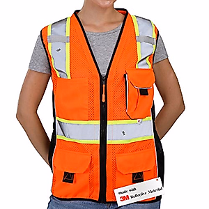 Dib Safety Vest for Women with Pockets, Mesh Reflective Vest High Visibility, ANSI Class 2 Made with 3M Reflective Tape, Orange and Black S