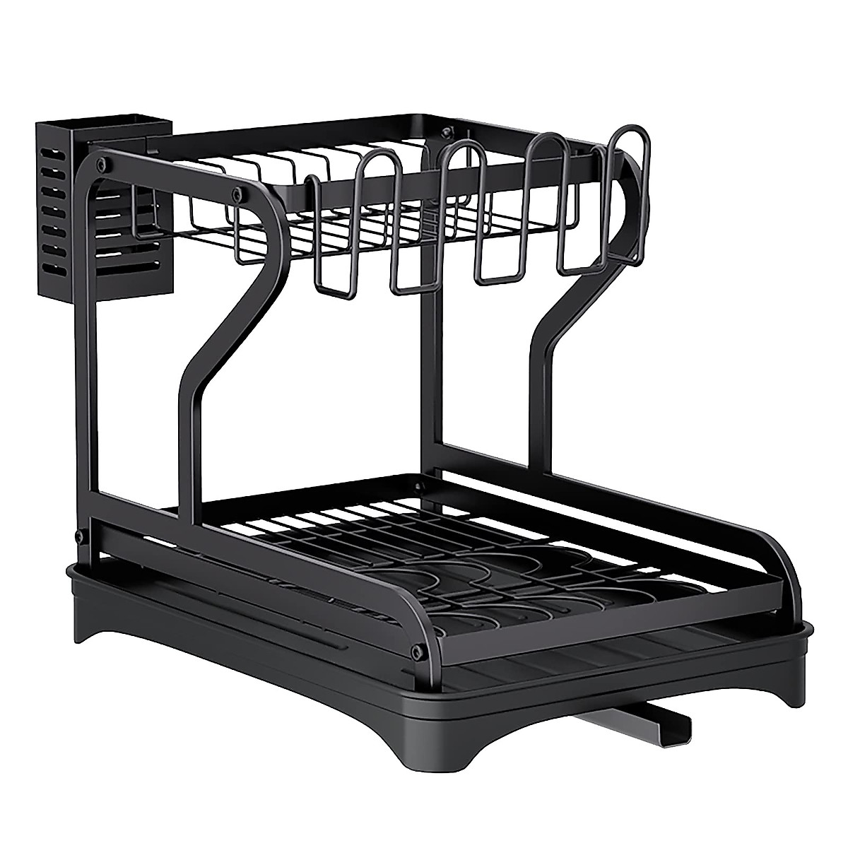 LIMORUNS 2 Tier Dish Rack Dish Drying Rack with Drainboard, Dish Drainer Rack with Utensils, Rustproof Large Black Dish Holders for Kitchen Counter Escurridor De Platos para Fregadero Father's Gift