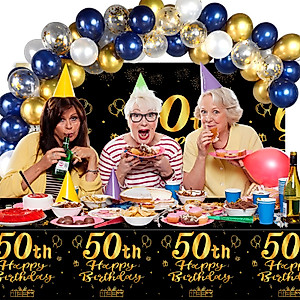 PHOGARY 50th Birthday Party Decorations Tablecloth, 3 Pack Happy Birthday Table Cover for Women Men, Bday Anniversary Theme Party Supplies Black and Gold Rectangular Tablecloths 54 × 108 in