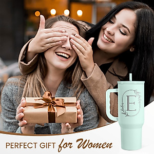 Personalized Monogrammed Tumbler with Handle 40oz, Letter E Tumblers Insulated Coffee Travel Cup, Custom Initial Gift for Women Girls Friends, Monogram Gift for Christmas Birthday Mothers Day