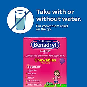 Benadryl Children's Allergy Chewables with Diphenhydramine HCl, Antihistamine Chewable Tablets in Grape Flavor, Three Pack, 3 x 20 ct Each, 60 ct