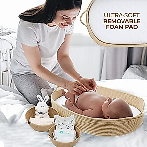 BESTOWALS Baby Changing Basket for Baby Dresser, Moses Basket for Babies, Comfortable and Stylish Cotton Rope Diaper Changing Basket with 3 Small Baskets, Easy to Carry
