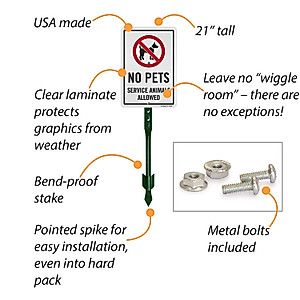SmartSign 10 x 7 inch “No Pets - Service Animals Allowed” LawnPuppy Yard Sign and 18 inch Stake Kit, 40 mil Laminated Rustproof Aluminum, Red, Black and White, Set of 1, Made in USA