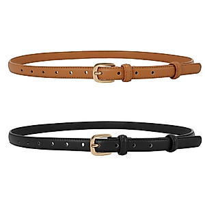 SANSTHS 2 Pack Women Thin Skinny Faux Leather Belt Waist Belt with Metal Pin Buckle for Dress Jeans, Black Brown S
