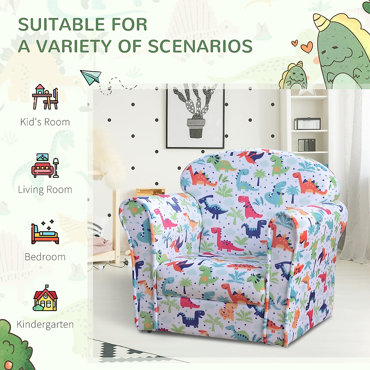 Qaba Kid's Sofa Chair with Dinosaur Design and Thick Padding, Flannel-Covered Toddler Armchair for Bedroom, Playroom