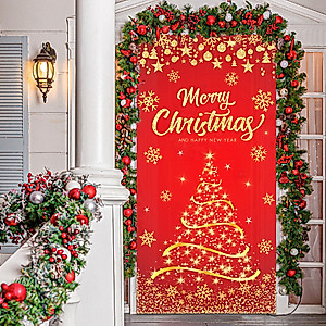 Christmas Door Cover Golden Christmas Tree Door Cover Banner Merry Christmas Glitter Snowflake Door Cover Photography Background for Winter Xmas New Year Holiday Party Decor