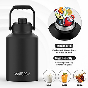 WATERSY 1 Gallon Water Bottle Insulated(Cold for 48 Hrs),BPA Free&Leak Proof,128oz Stainless Steel Water Jug,Big thermos,Large Water Bottle with Handle for Gym,Hiking,Camping&Travel,Black