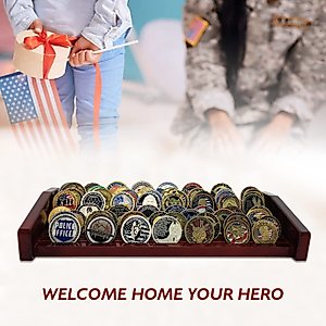 ASmileIndeep 8 Rows Military Challenge Coin Display Stand - Holds 60-70 Coins, Solid Wood Army Police Coin Rack Display Holder for Desktop, Mahogany