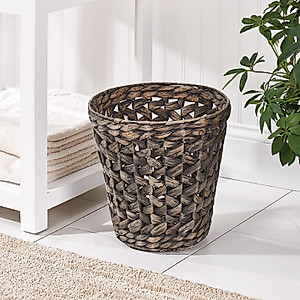 mDesign Water Hyacinth Waste Basket Boho Woven Trash Can - Small Round Natural Wastebasket Garbage Bin for Bathroom Essentials - Woven Zig Zag Pattern - Black Wash