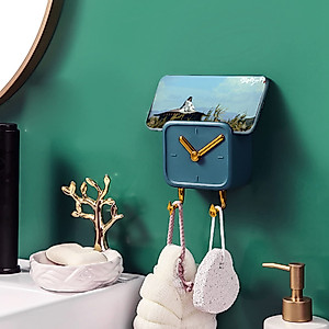 Cyrank Wall Mounted Storage Box, Self Adhesive Wall Mount Phone Holder Stick On Wall Shelf Wall Mounted Holder with 2 Hooks for Home Office(Blue)