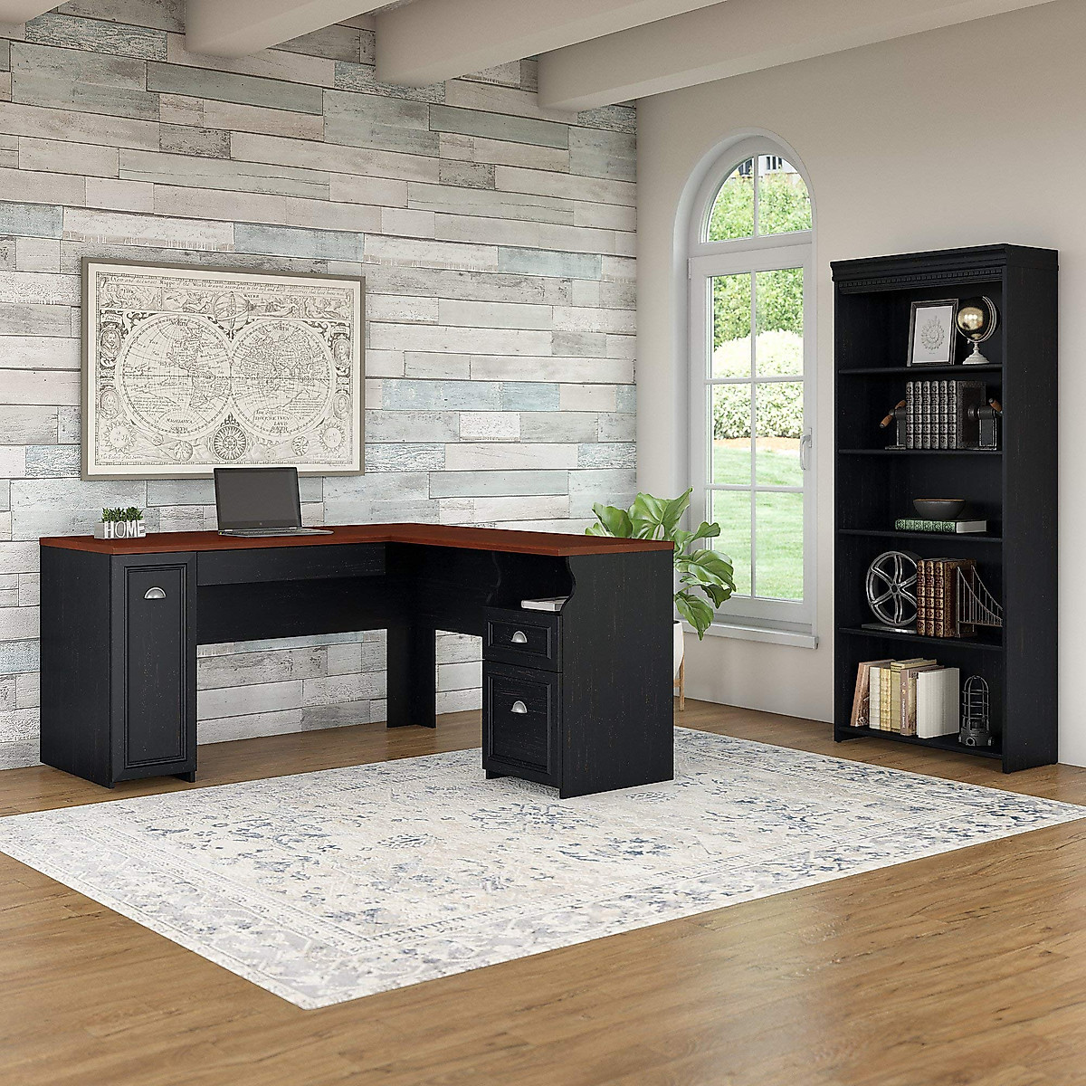Bush Furniture Fairview L Shaped Desk and 5 Shelf Bookcase in Antique Black