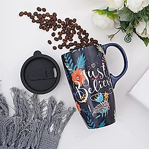 DUSVALLY Ceramic Travel Mug with Handle, Splash-Resistant Slider Lid, Ceramic Coffee Mug for Office and Home, Microwave & Dishwasher Safe, Just Believe Flower