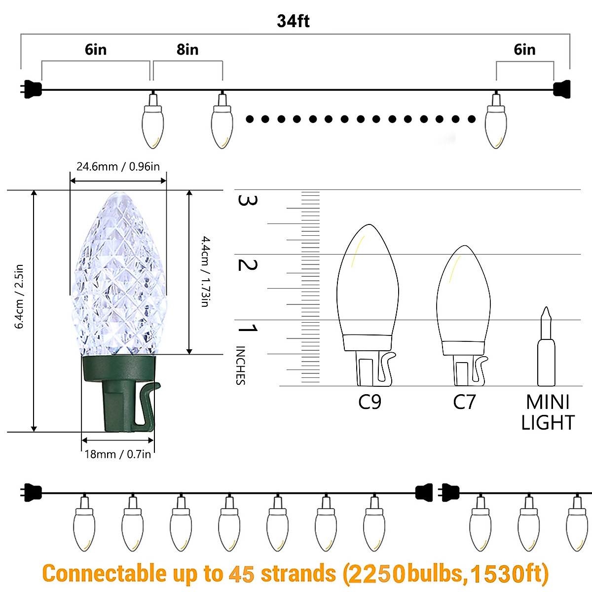 Brizled C9 Christmas Lights White, 33ft Faceted 50 LED Christmas Lights String Connectable Outdoor Xmas Decorative Light Strand, 120V UL Certified for Christmas Tree, Garden, Holiday, Yard, Party