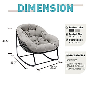 ZJEYEJZ Indoor & Outdoor Rocking Chair, Oversized Rattan Royal Rocking Chair with Padded Cushion, Rocker Egg Chair for Living Room, Patio, Front Porch, Backyard, Grey