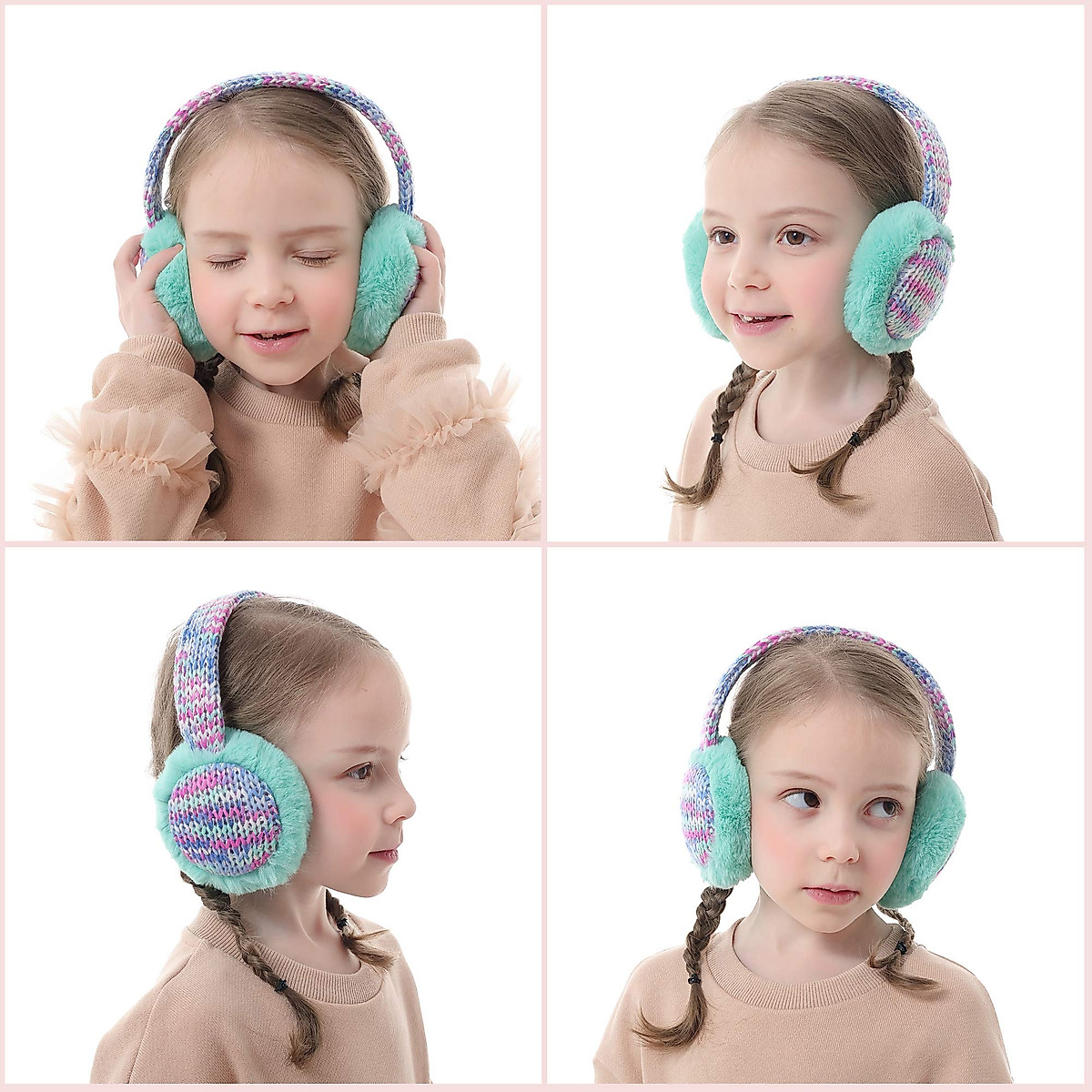 Flammi Kids Knit Earmuffs Winter Outdoor Furry Ear Warmers for Boys Girls (Aqua Green)