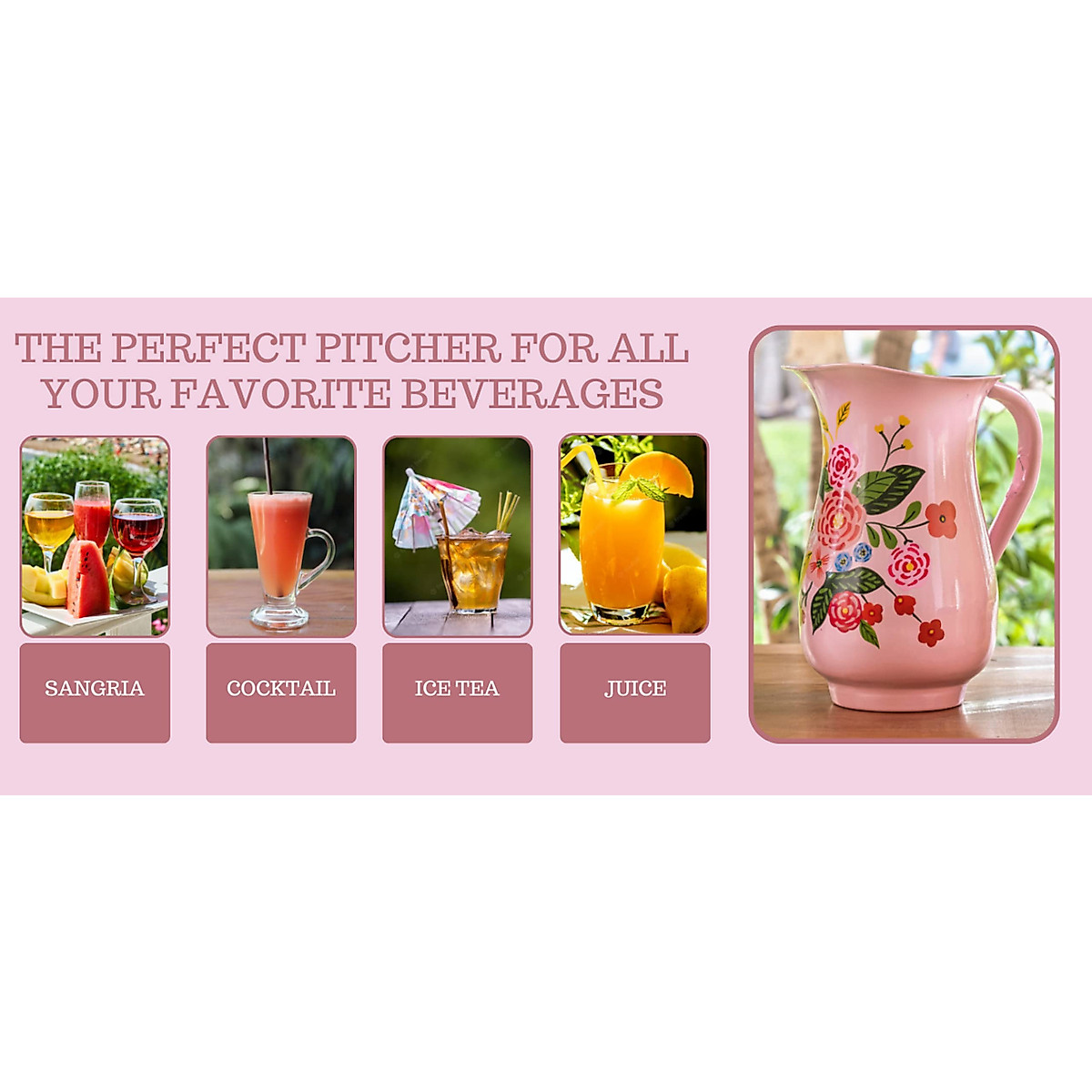 Hand Painted Stainless Steel Water Pitcher - Large Metal Water Jug, for Cold Drinks, Floral Design Beverage Carafe for Entertaining & Home Decor. 8” height, 1 Quart Decorative Vase. (Pink)