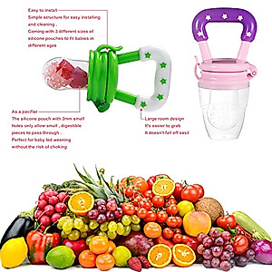 Food Feeder Baby Fruit Feeder Pacifier (3 Pcs) with 6 Different Sized Silicone Pacifiers 2 PCS Silicone Baby Food Dispensing Spoon 90ML with 2 Baby Spoons Pacifier Clip Infant Fruit Teething Toy-Pink