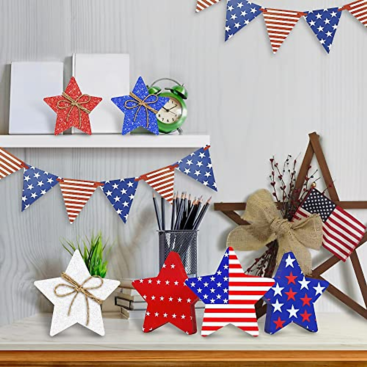 6Pcs 4th of July Patriotic Wooden Glitter Star Signs Table Decor- 4th of July Decorations- Patriotic Party Rustic Farmhouse Wooden Block Signs for Tabletop Centerpiece Tiered Tray Mantle Home Office