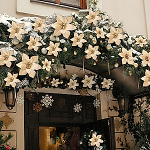 WILLBOND 24 Pieces 3 Size Christmas Glitter Poinsettia Flowers Wedding Faux Flowers Christmas Decoration Ornaments for Tree Outdoor(3.2/4/6 Inches,Champagne)