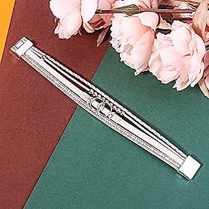 FANCY SHINY Boho Wrap Bracelets Leather Cuff Bangle Gold Beaded Bracelets for Women Stackable Infinity Bracelets Jewelry with Clasp(Silver)