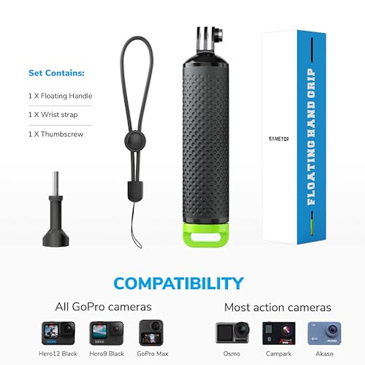 Sametop Floating Hand Grip Waterproof Handle Compatible with GoPro Hero 12, 11, 10, 9, 8, 7, 6, 5, 4, Session, 3+, 3, 2, 1, Hero (2018), Fusion, Max, DJI Osmo Action Cameras (Green)