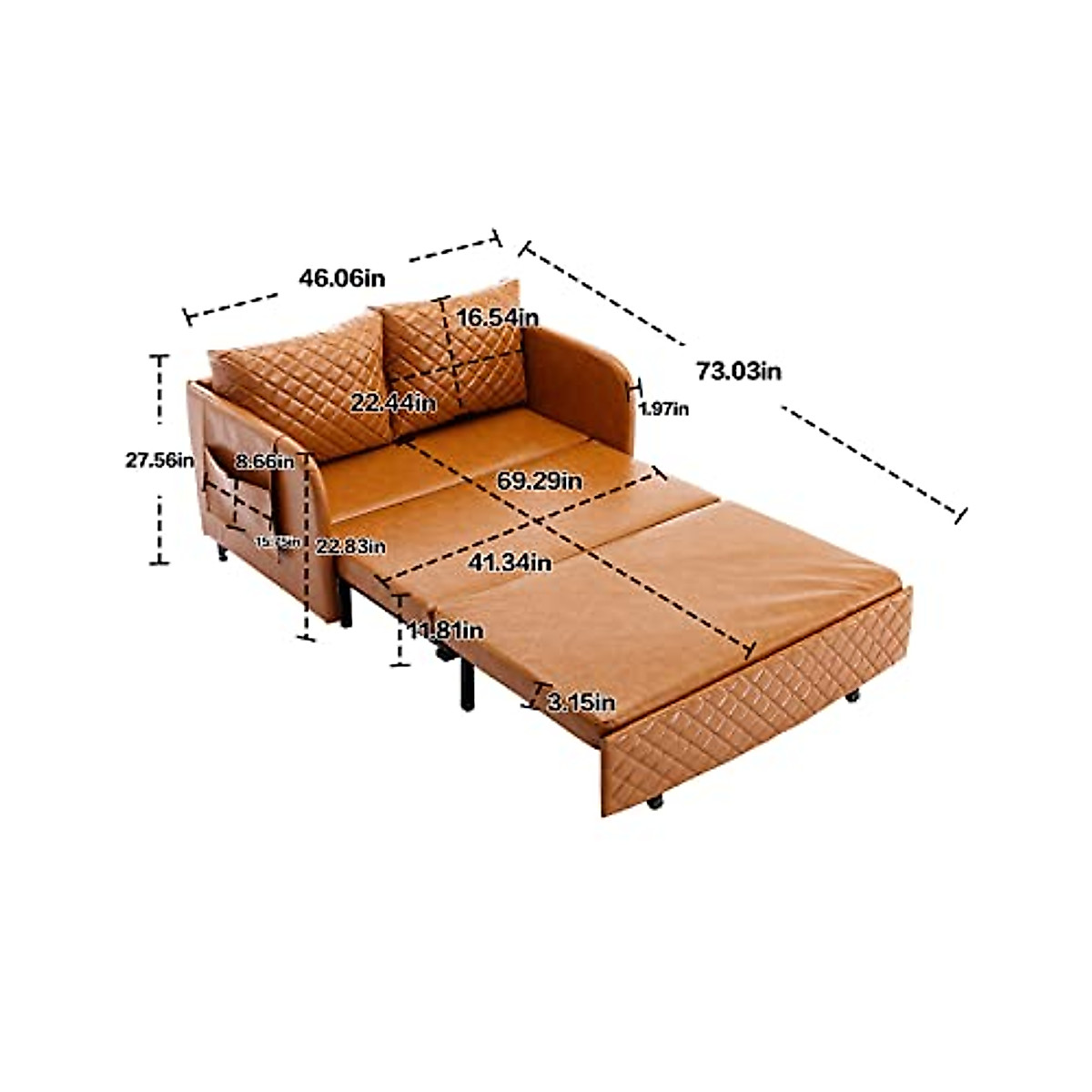 VKKILPEE Modern Pull Out Sofa Bed Convertible Couch Bed PU Sofa Sleeper with 2 Pillows & Side Pockets Small Full Bed Loveseat Futon Couch Sleeper with Headboard, Easy Assembly, Brown