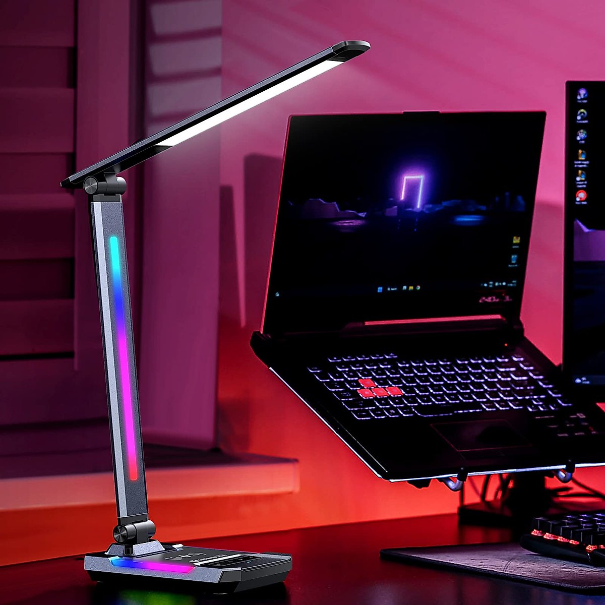 Yeslamp LED Desk Lamp with 10W Wireless and 24W USB-C Fast Charging, Ace RGB Dynamic, Natural Spectrum Desk Light,6 RGB Lighting Modes/Music Rhythm, Perfect for Gaming Setup, Live Video, Study, Home