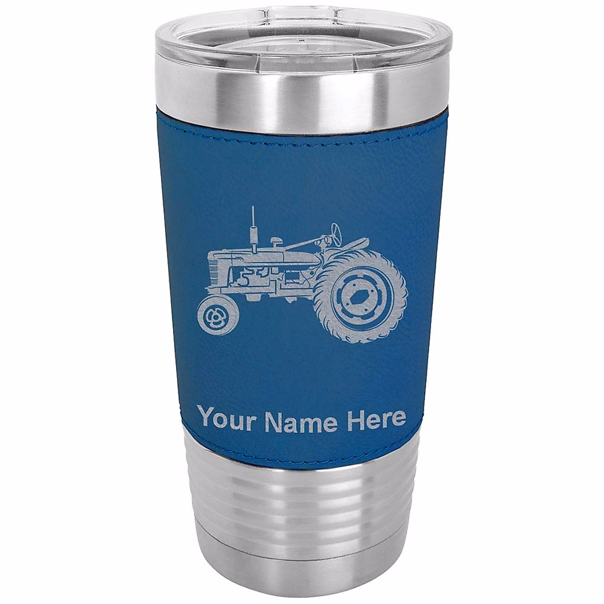 LaserGram 20oz Vacuum Insulated Tumbler Mug, Old Farm Tractor, Personalized Engraving Included (Faux Leather, Blue)