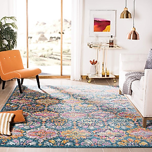 SAFAVIEH Madison Collection Area Rug - 8' x 10', Blue & Orange, Boho Chic Damask Design, Non-Shedding & Easy Care, Ideal for High Traffic Areas in Living Room, Bedroom (MAD144A)