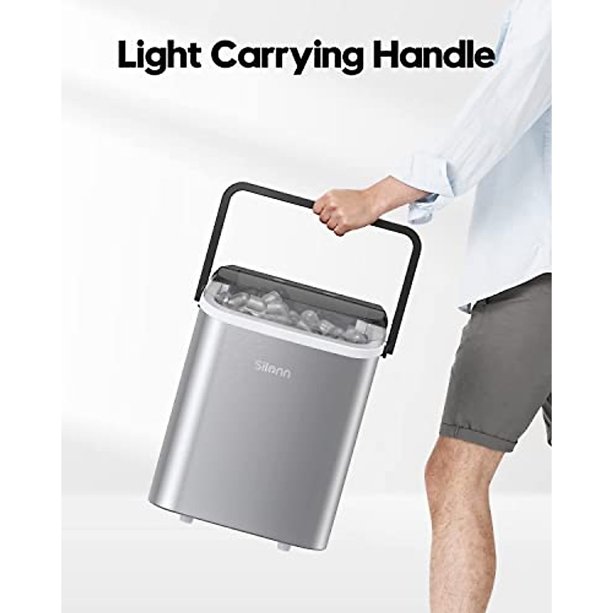 Silonn Countertop Ice Maker Machine with Handle, Portable, Makes up to 27 lbs. of Ice Per Day, 9 Cubes in 7 Mins, Self-Cleaning with Ice Scoop and Basket