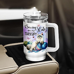99WHALE Cat Gifts, Tumbler 40 Oz With Handle Lid And Straw, Steel Quartz Handle Women Cup Parade Coffee Tumblers Hot Adults Funny Light Cups Lover Simple Rose, Cats And Sewing