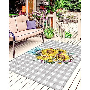 Fall Floral Thanksgiving Outdoor Rug for Patio, Large Floor Mat Sunflower Vase Grey Buffalo Plaid Non Slip Area Rug Rubber Backing Quick Dry Clearance Carpet for Camping, Garden, Deck, Porch, 5' x 8'