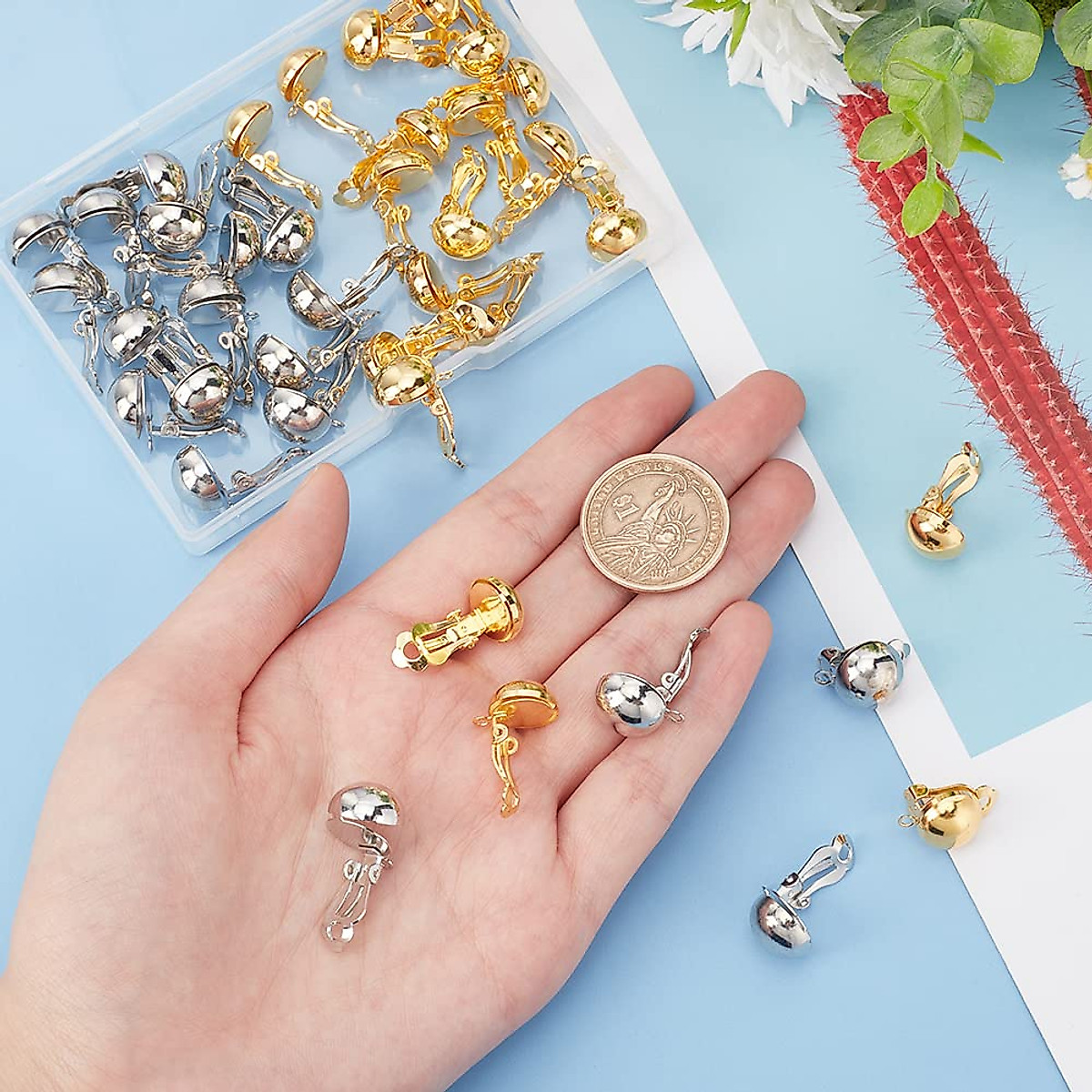 PH PandaHall 40 Pcs Brass Clip-on Earring Converter Component with Easy Open Loop 2 Colors for Non-Pierced Ears