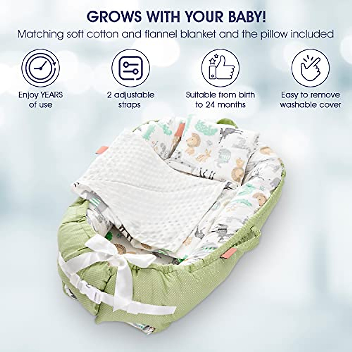 Baby Nest Set Comes with Blanket and Pillow, Newborn, Breathable Cotton Lounger 0 to 24 Months, Adjustable, Snuggle Nest Sleeper, Perfect CoSleeper in Bed,for Boys Girls (Green)