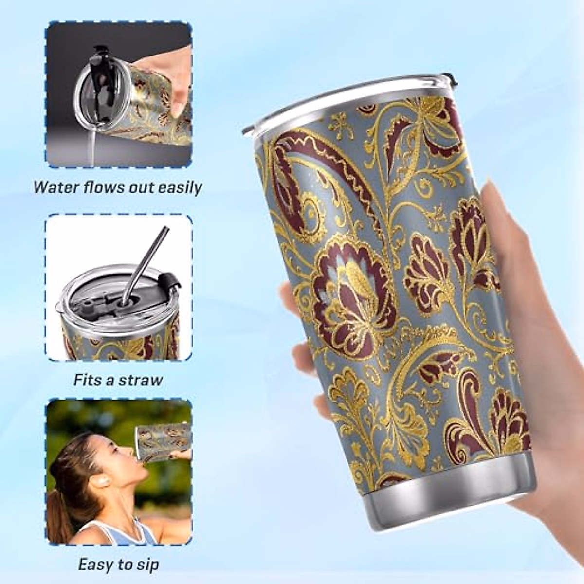 HXshaoye retro fashion flower paisley red gold Stainless Steel cup with straw with Lid and Straw travel travel mugs insulated for hot for School, Sports, Daycare, Camp & More leakproof coffee mug 20